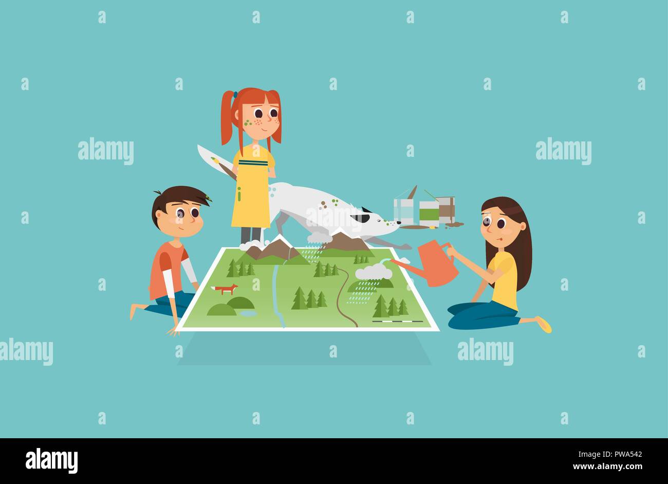 Vector Illustration. Group of Children Playing with Homemade 3D Map ...