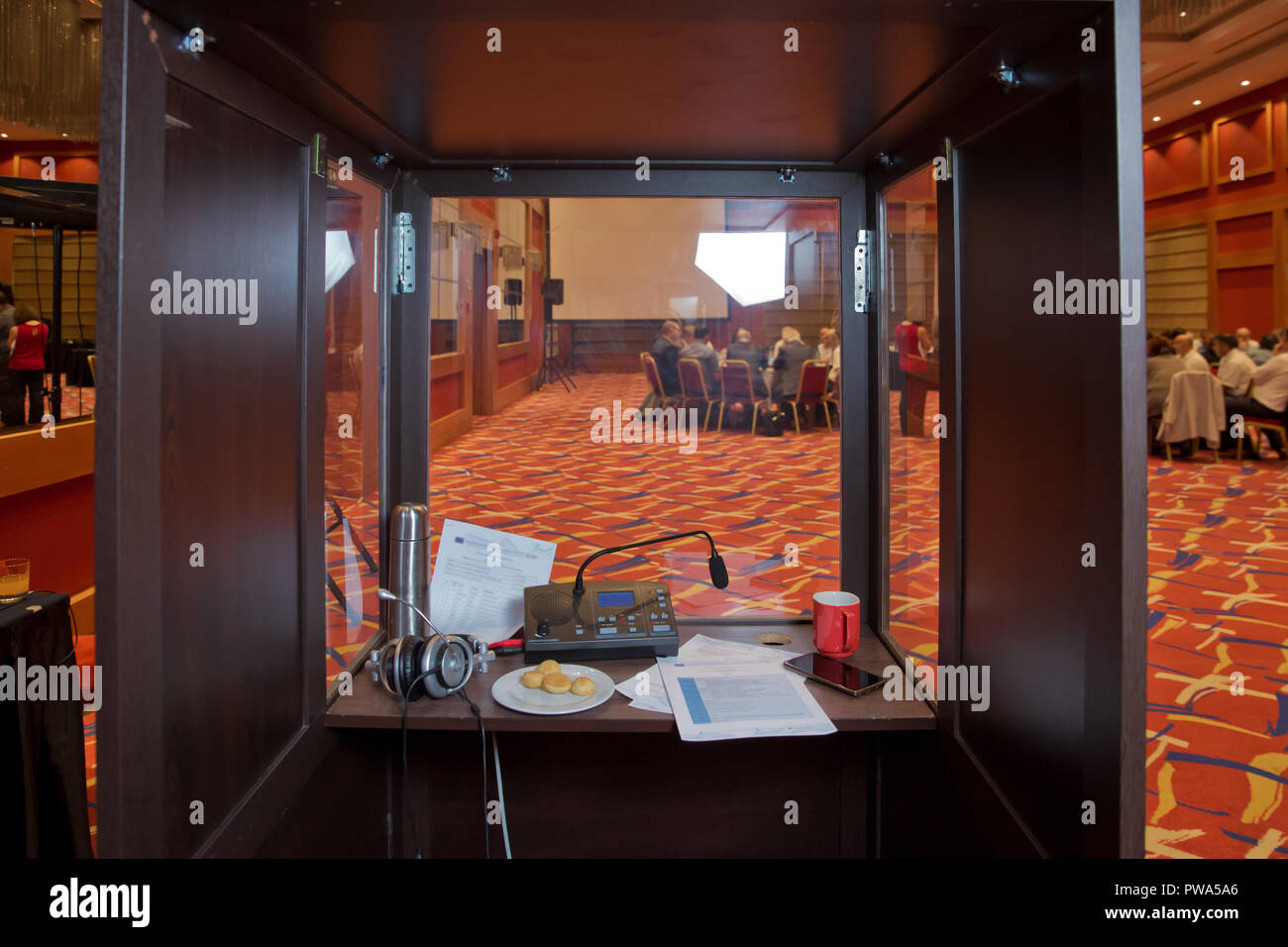 translators cubicle . interpreting - Microphone and switchboard in an ...