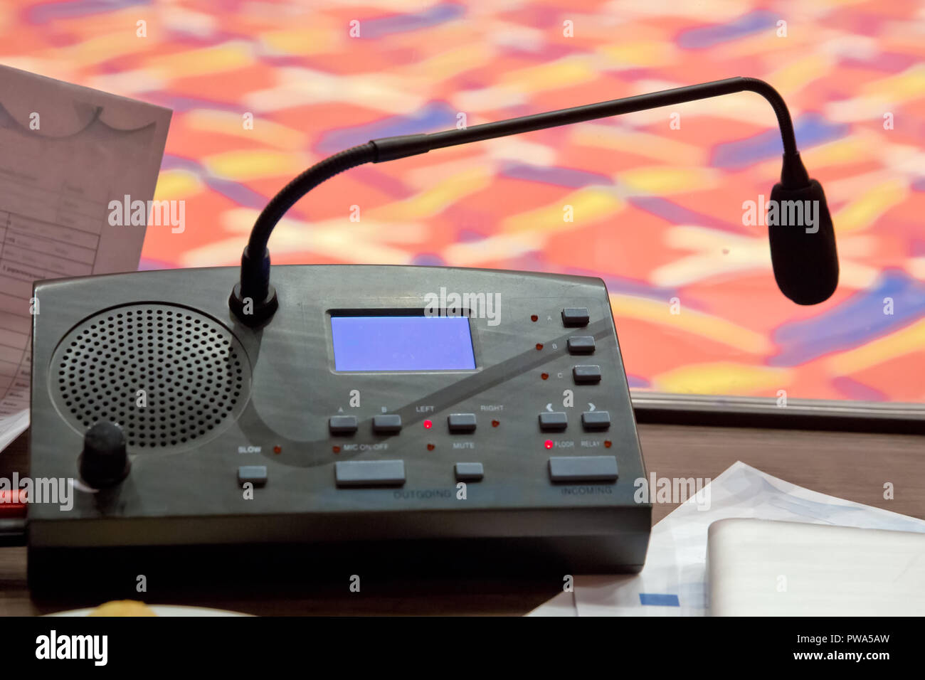 translators cubicle . interpreting - Microphone and switchboard in an ...