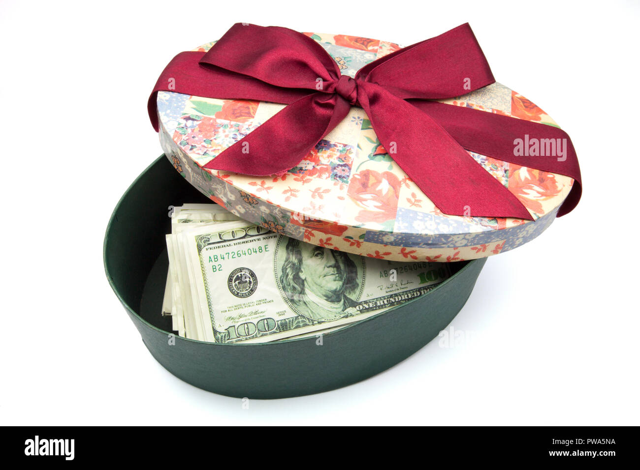 oval gift box with tickets of dollar Stock Photo - Alamy