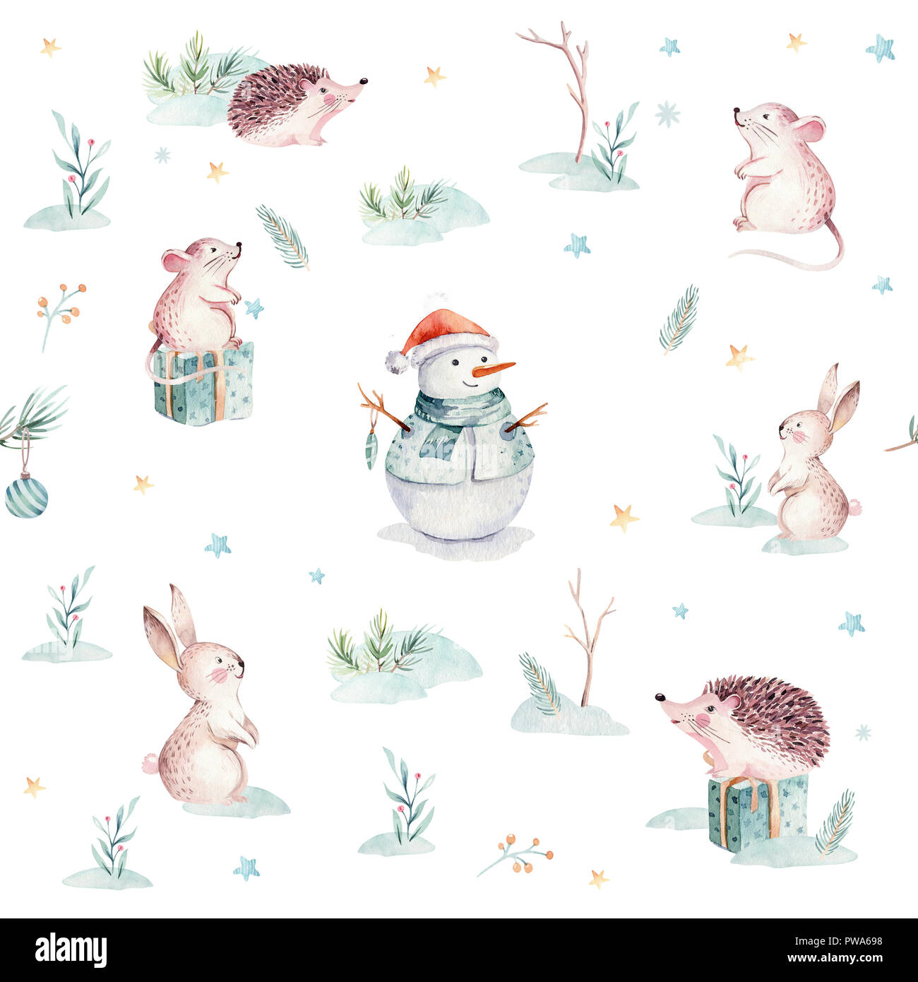 Watercolor Merry Christmas seamless patterns with snowman, holiday cute ...