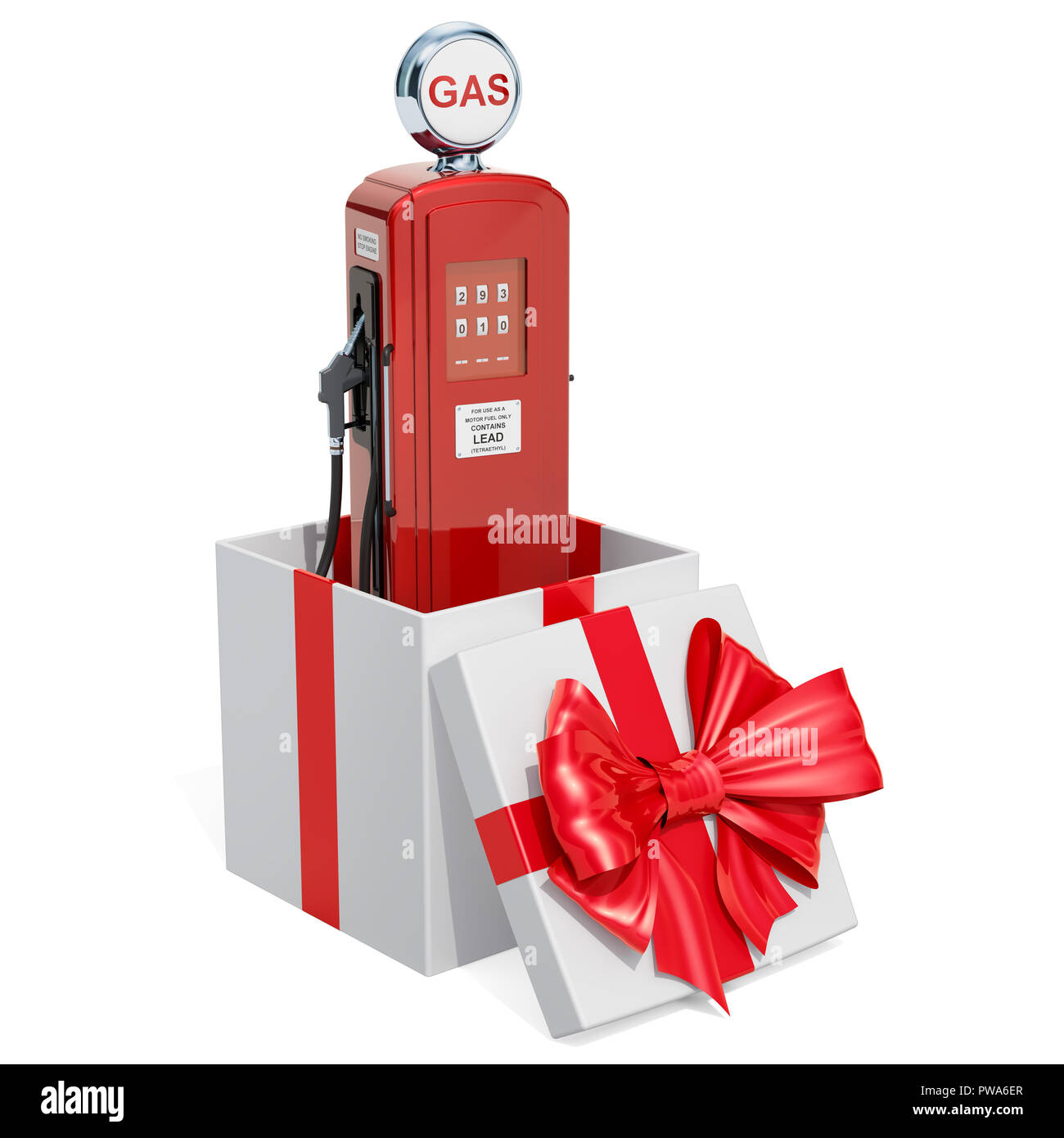 Gas pump inside gift box, gift concept. 3D rendering isolated on white ...