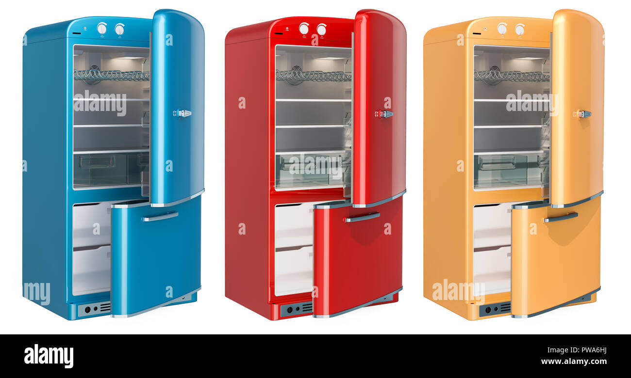 Set of colored refrigerator, retro design. 3D rendering isolated on ...