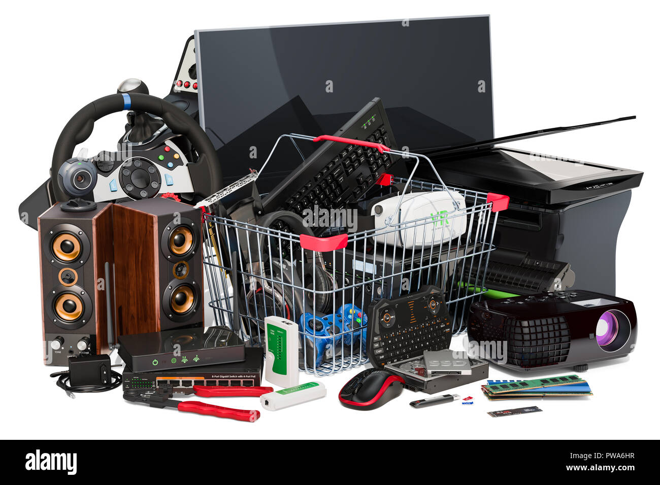 Shopping basket with computer device and accessories, 3D rendering ...