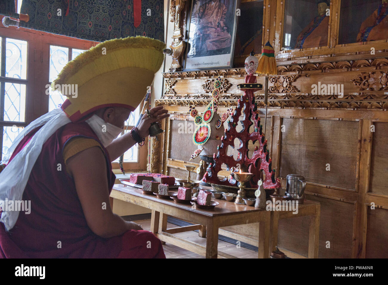 Gelugpa monk and mandala, Diskit Monastery, Nubra Valley, Ladakh, India ...