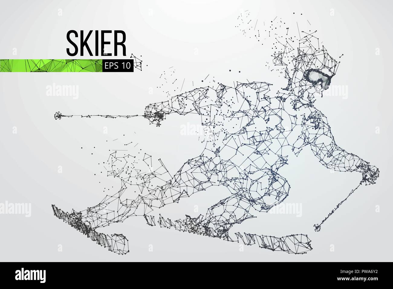 Silhouette of a skier jumping isolated. Dots, lines, triangles, text ...