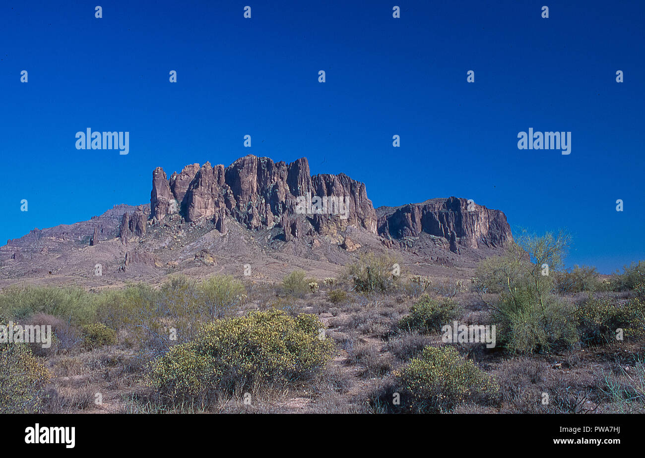 View of Superstition Mountain in the desert areas of Apache Junction ...