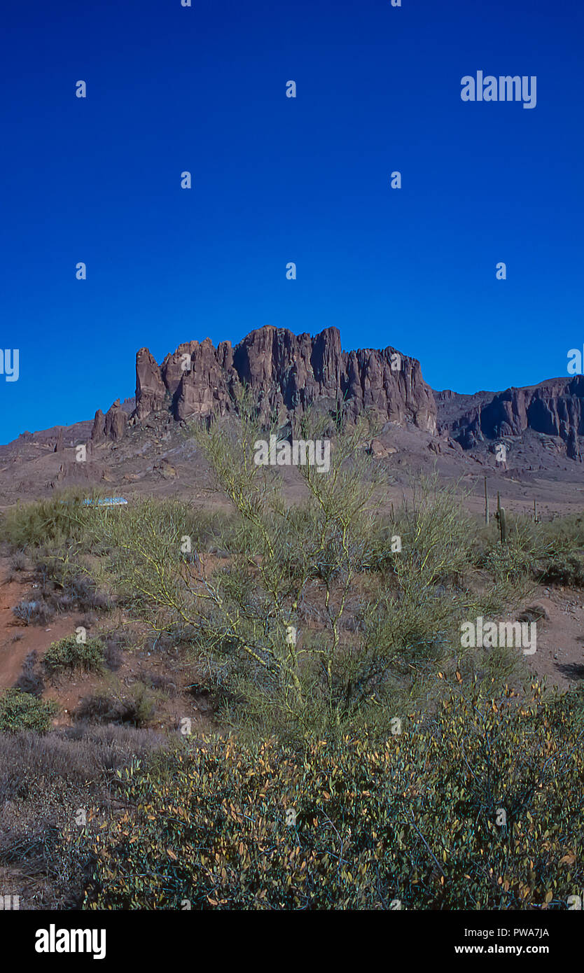 View of Superstition Mountain in the desert areas of Apache Junction ...