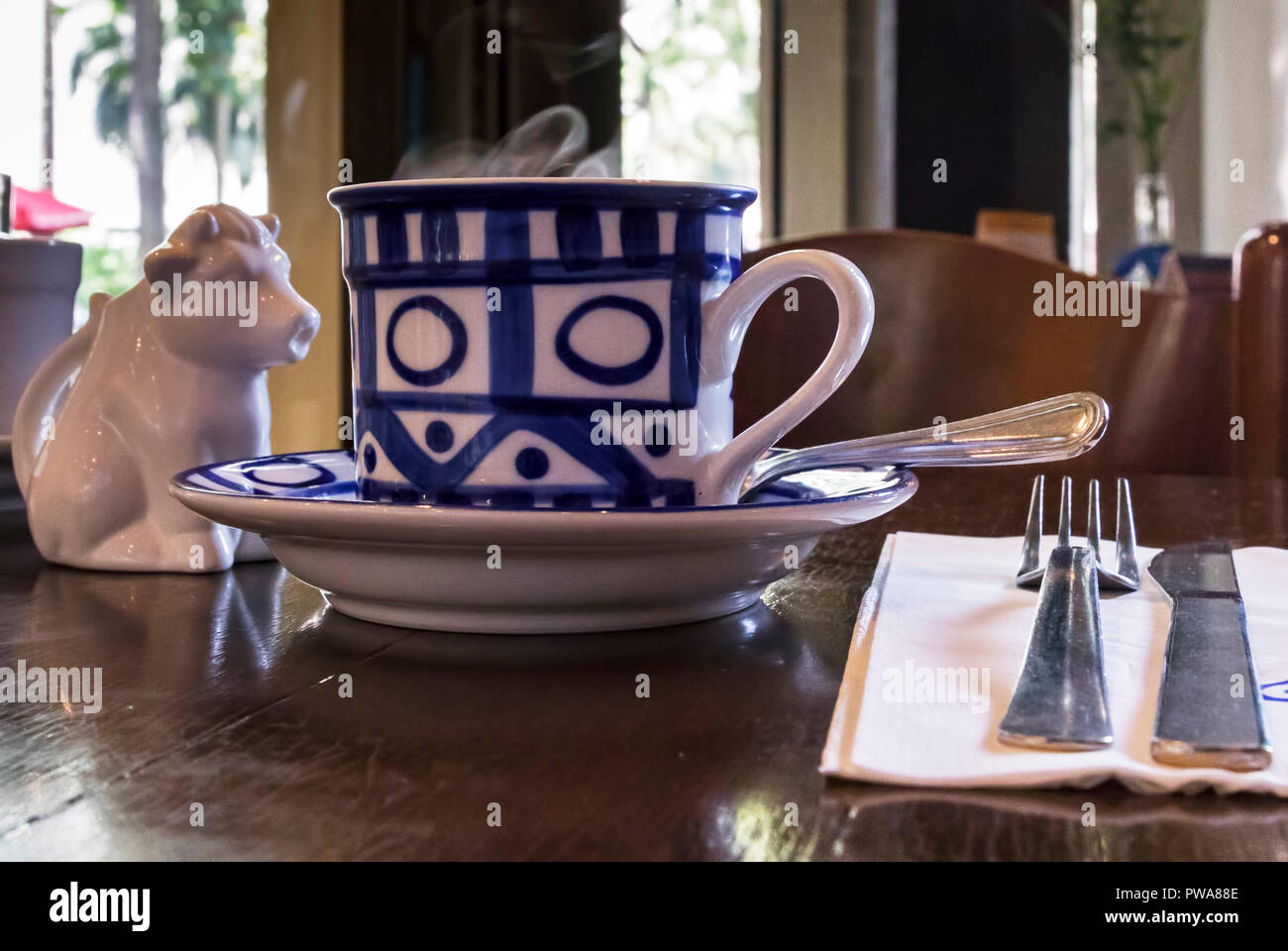 Cup of hot coffee in Cafe Breton, Greenbelt, Manila, Philippines Stock ...