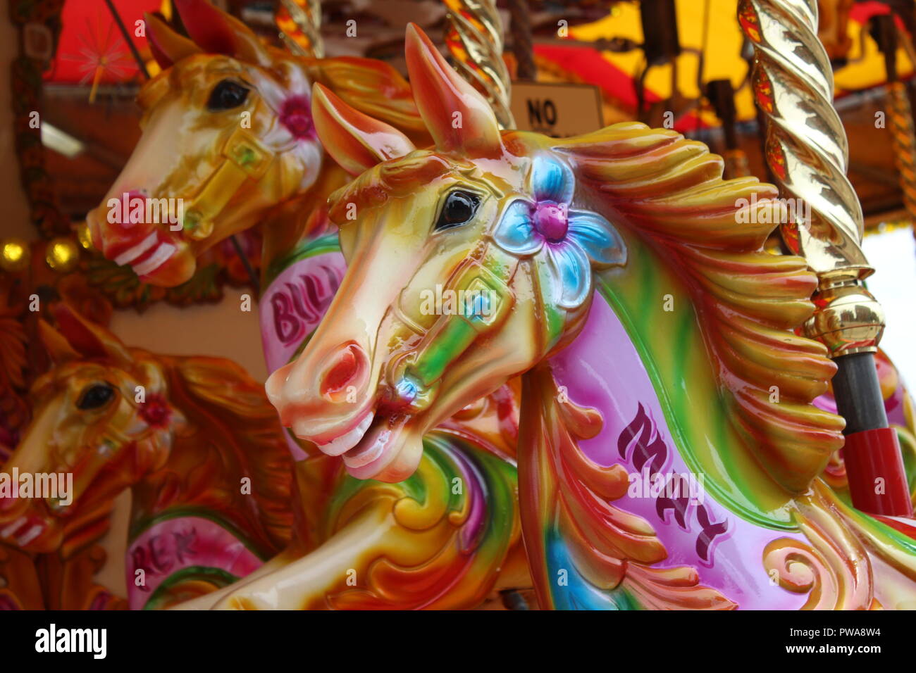 Close-up of carousel horses heads on the Victorian carousel at Albert ...
