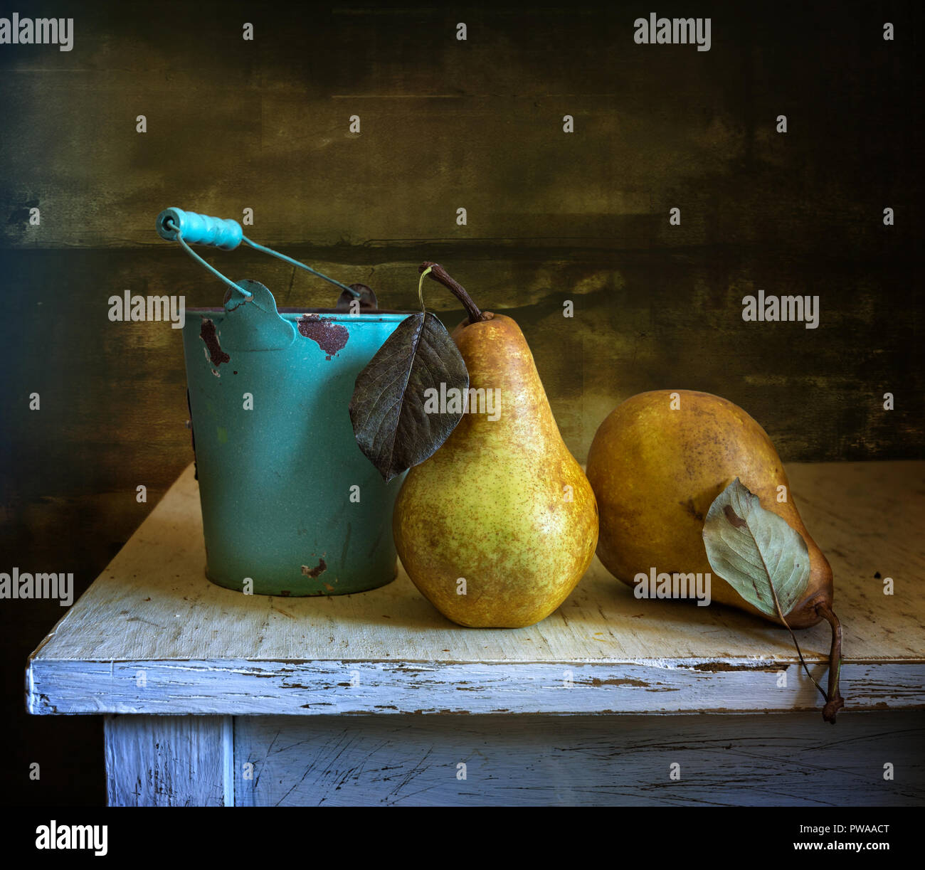 still life with pears and a bucket. fruits. food Stock Photo - Alamy