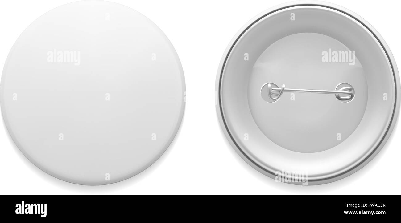 Blank white round pin. Graphic design element for slogans, sale ...