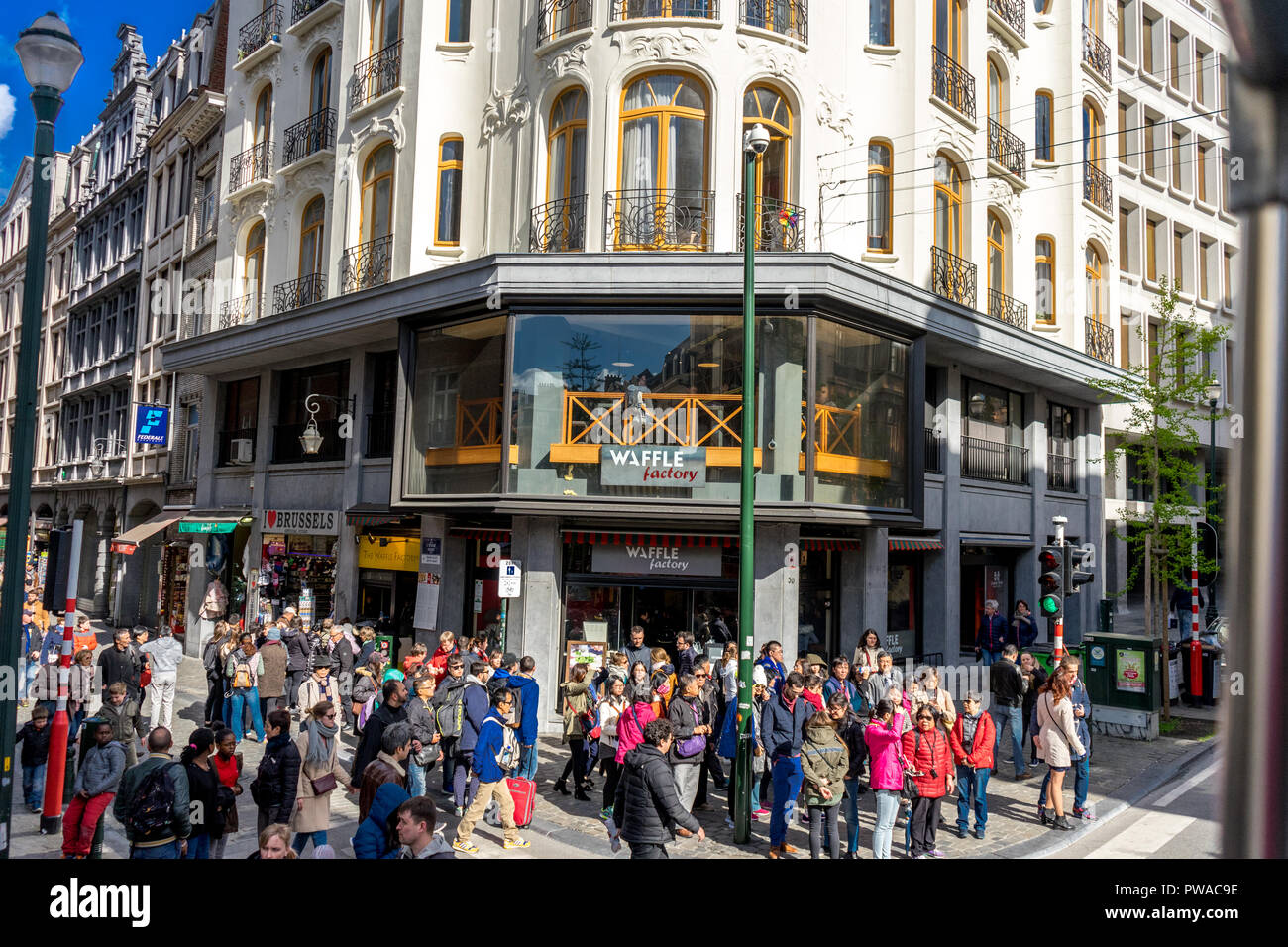 Brussels, Belgium - April 2017: The famous waffle factory shop in the ...