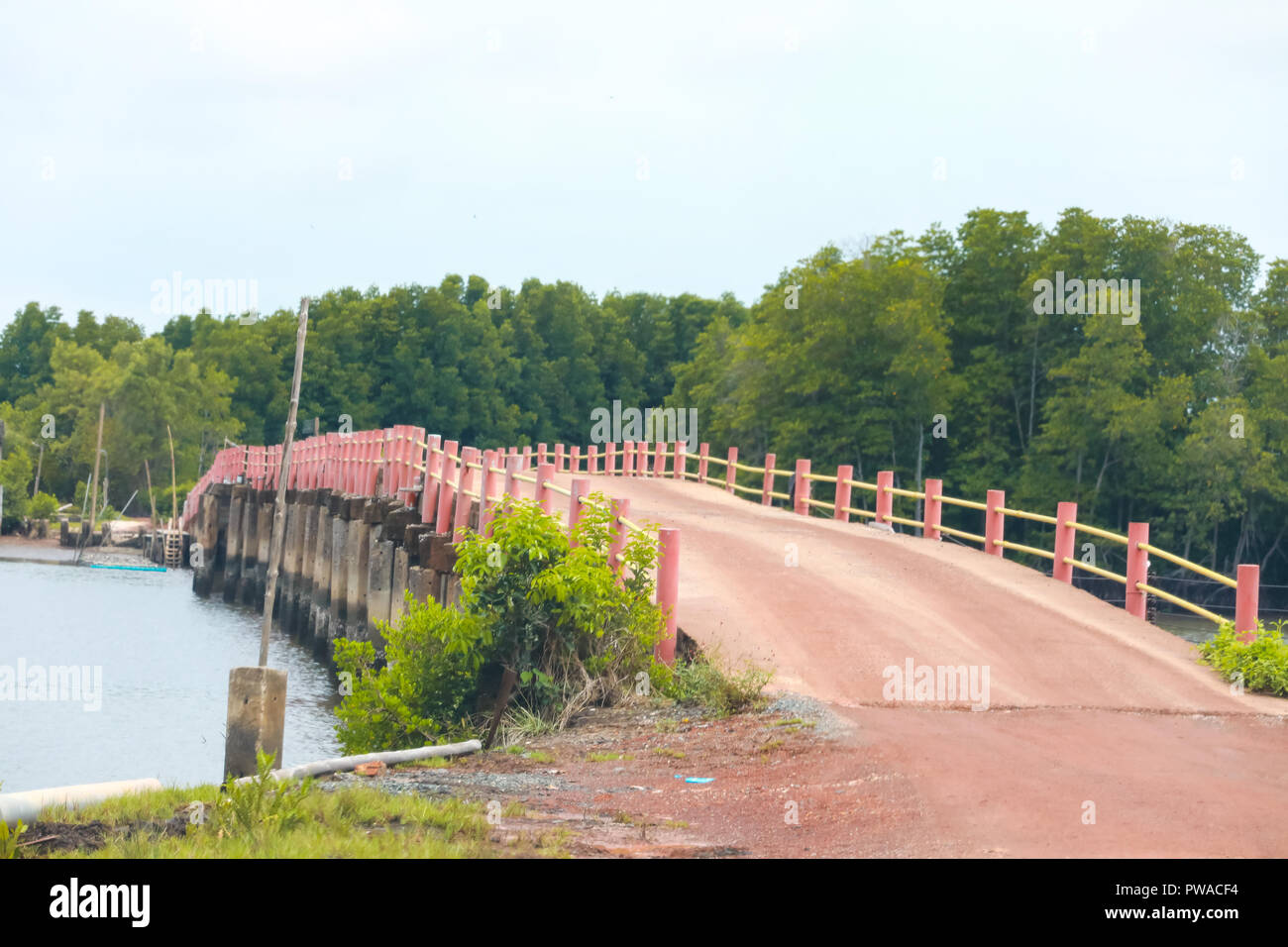 Old reddish brown concrete bridge cross over swamp area located at ...