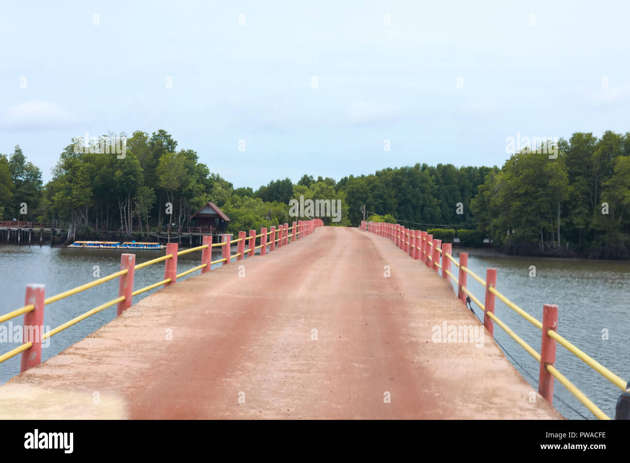 Old reddish brown concrete bridge cross over swamp area located at ...