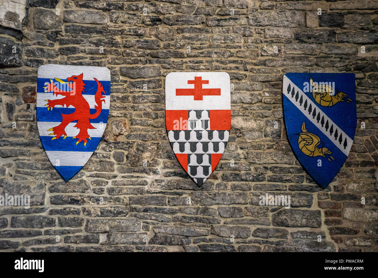 battle shield against a wall in the Gravensteen castle in Ghent ...