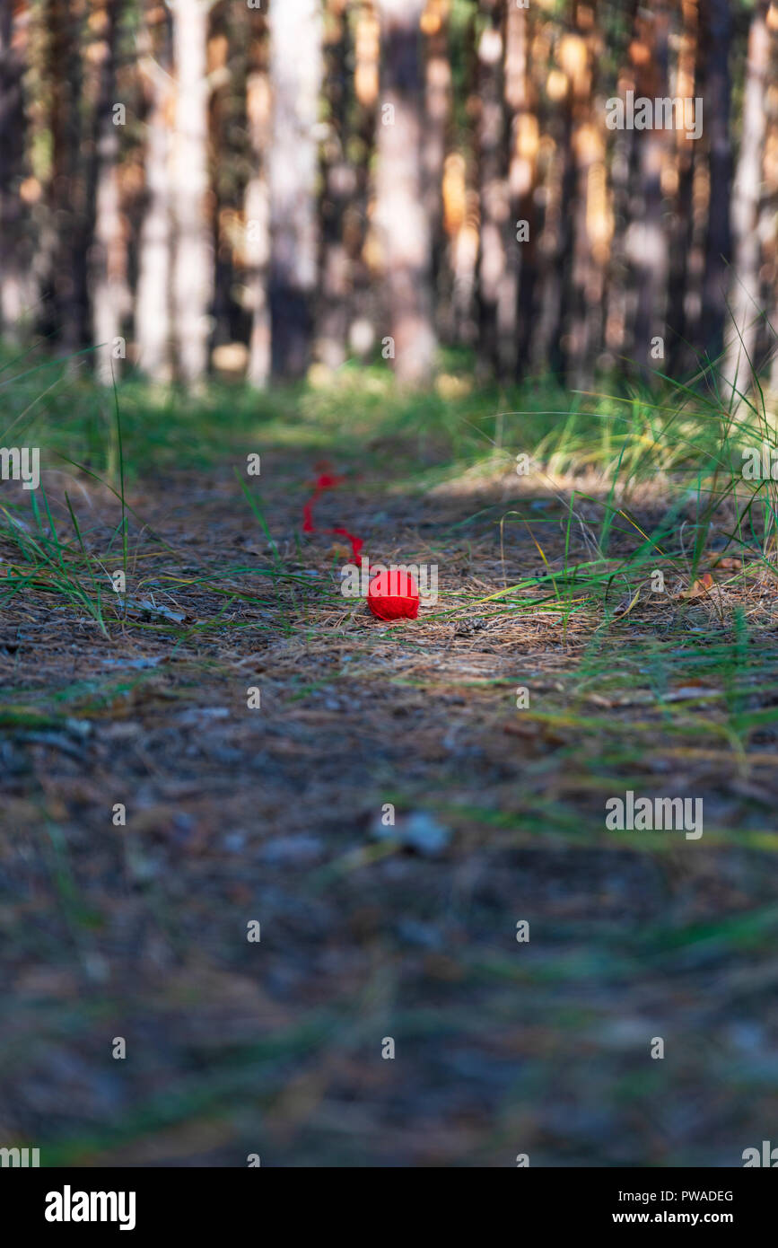 unwound small red ball of wool yarn on a footpath in the middle of a ...