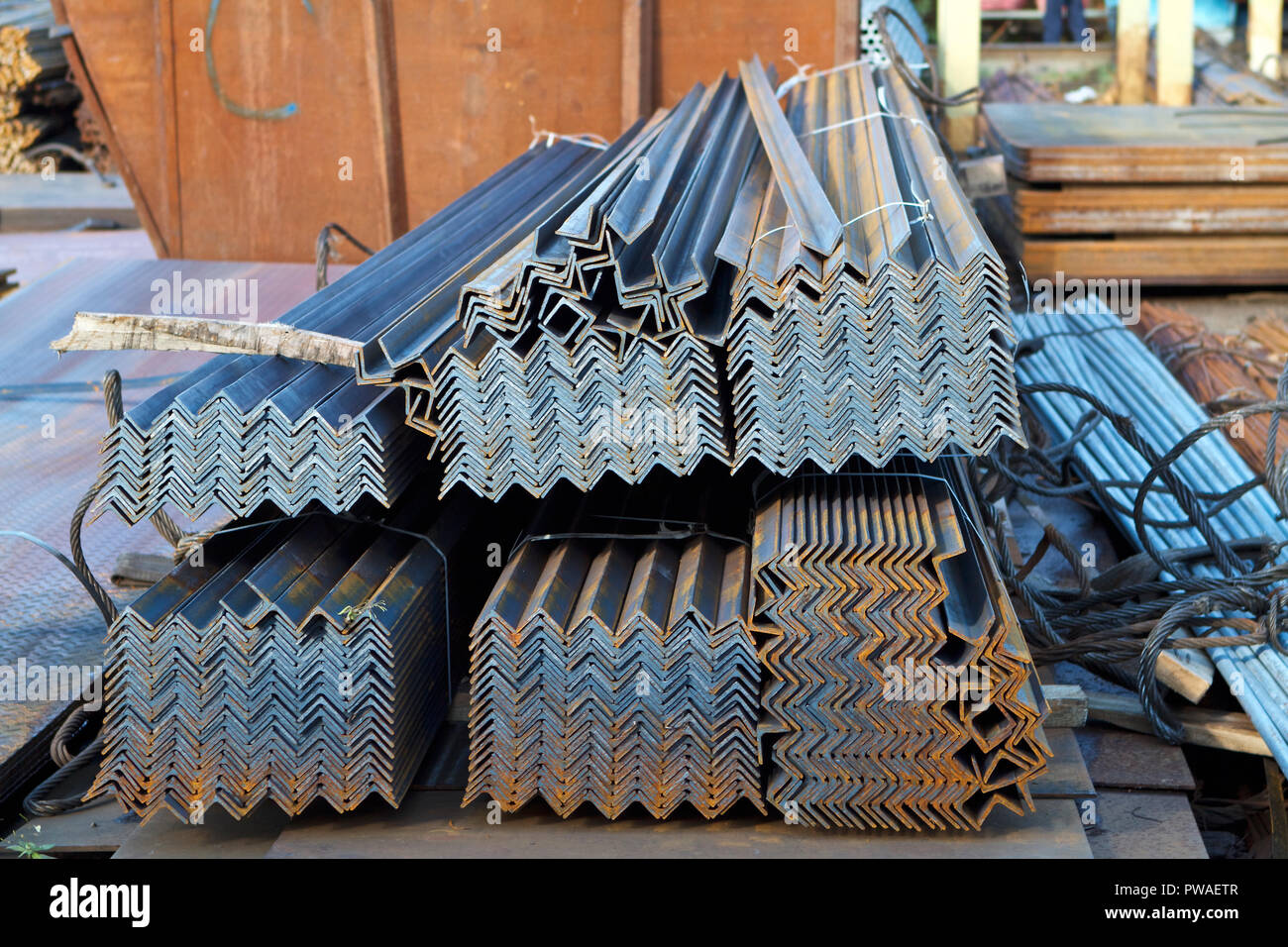 Metal profile angle in packs at the warehouse of metal products Stock ...