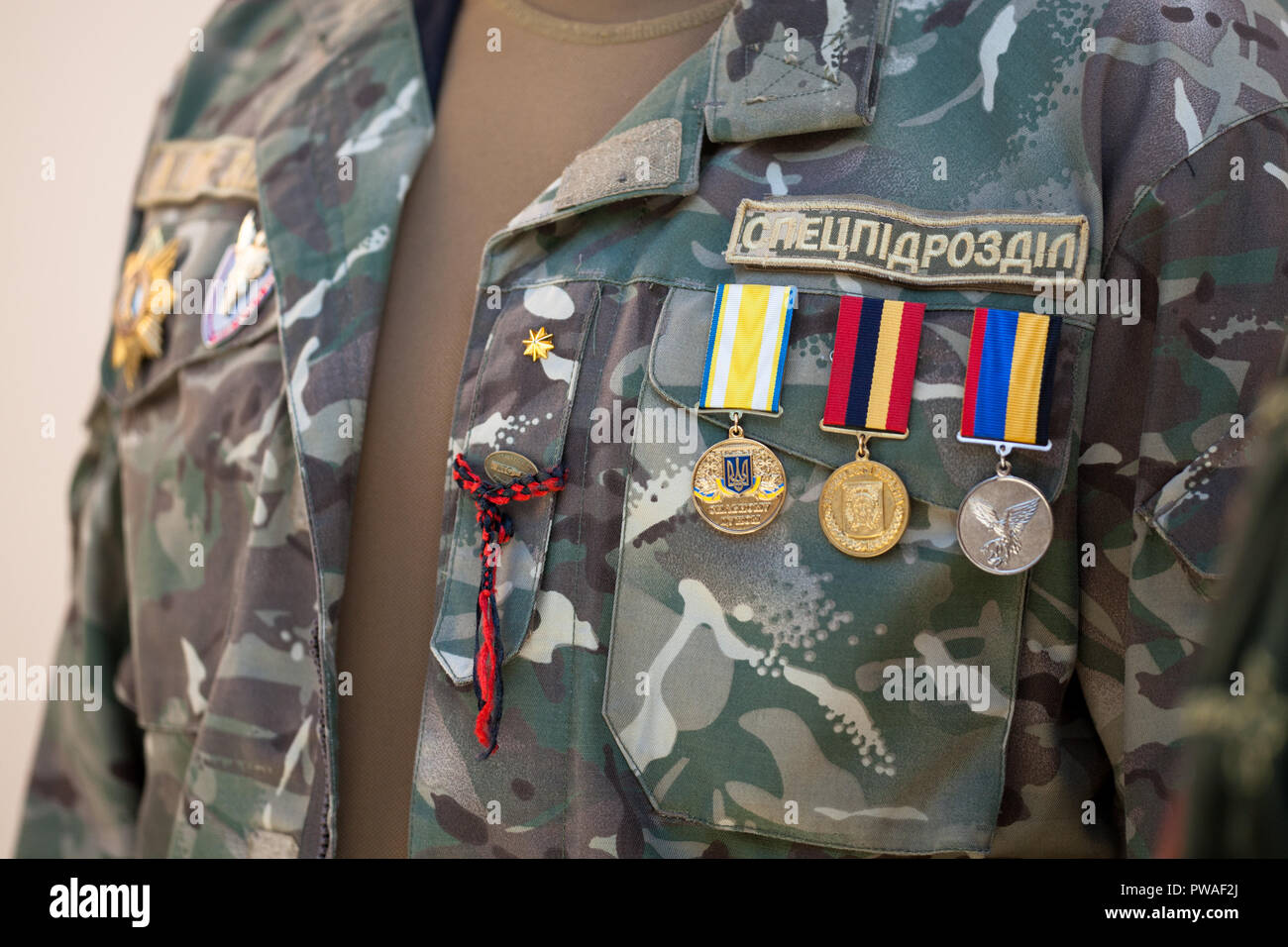 Ukrainian awards on military uniform. Ukraine Lviv, October 13, 2018 ...