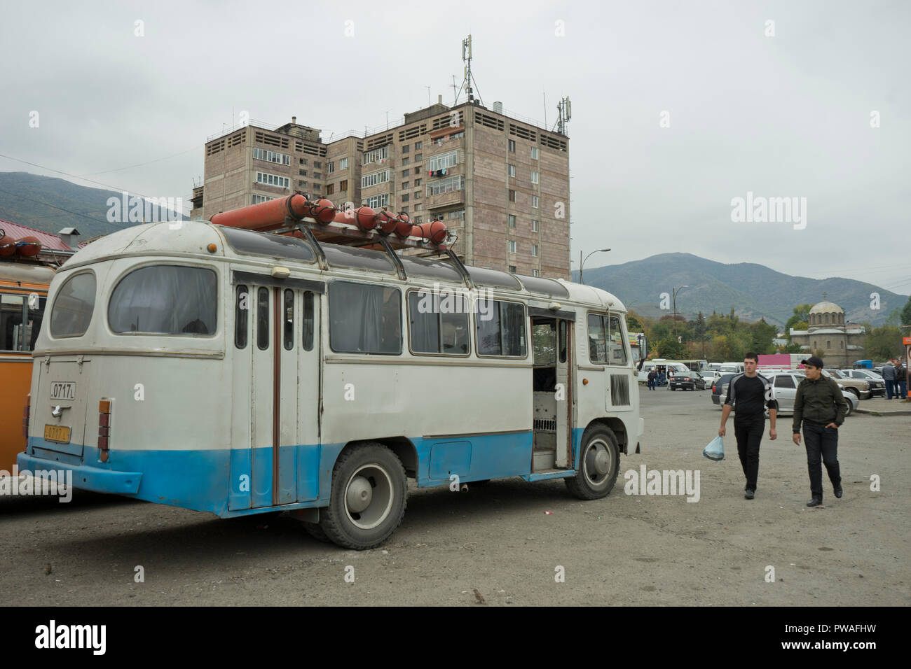 Passengers boarding a bus at the bus station in Vanadzor, Armenia Stock ...