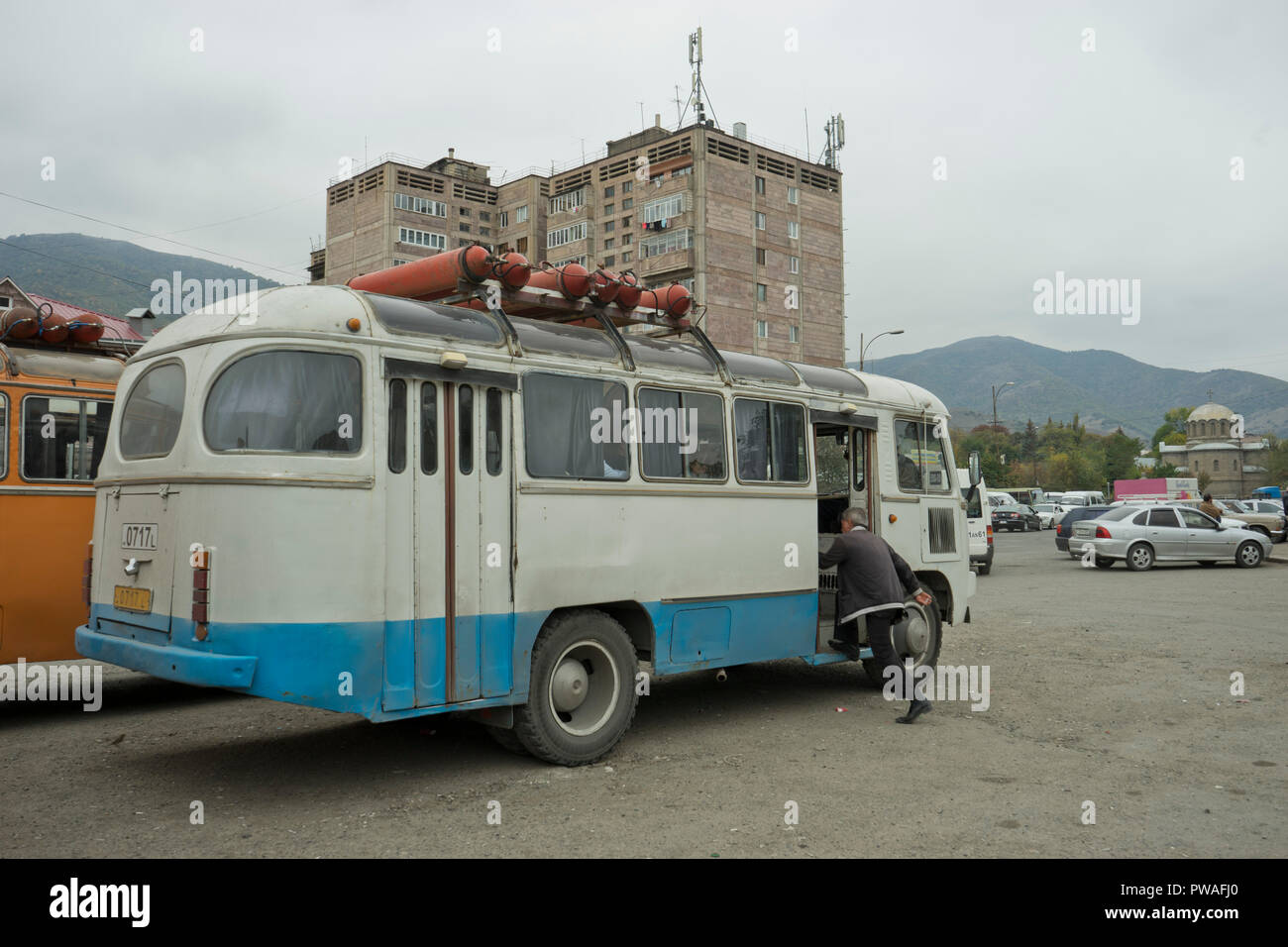 Passengers boarding a bus at the bus station in Vanadzor, Armenia Stock ...