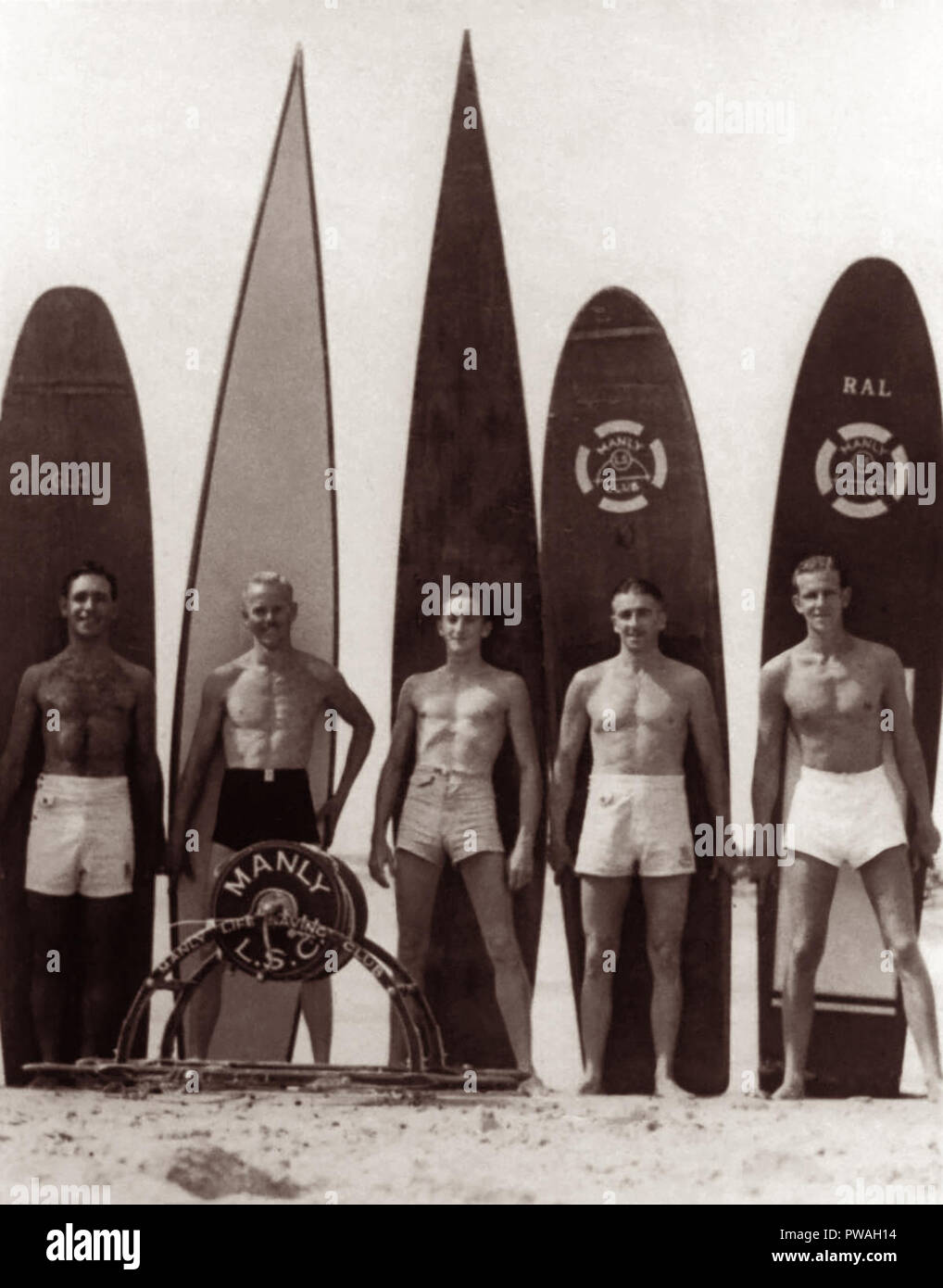 Manly Life Saving Club with wooden surfboards at Manly Beach, Sydney ...