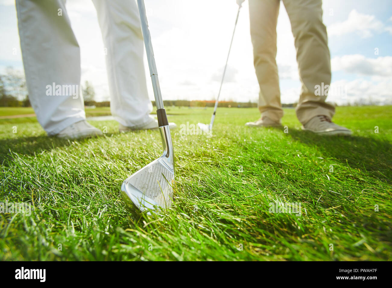 Golf club held by one of active men on green grass during outdoor ...