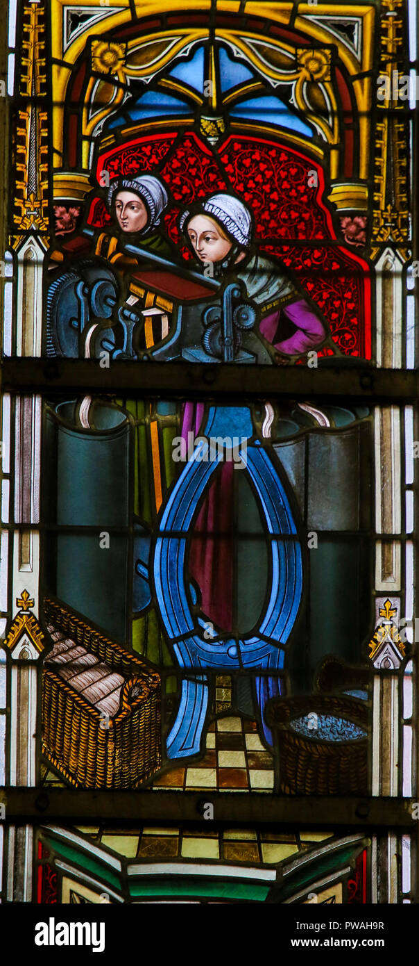 Stained Glass window depicting the textile industry in the Cathedral of ...