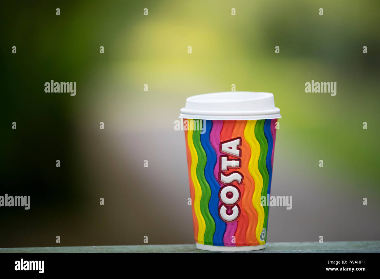 A Costa Coffee cup with a blurred green background on October 1, 2018 ...