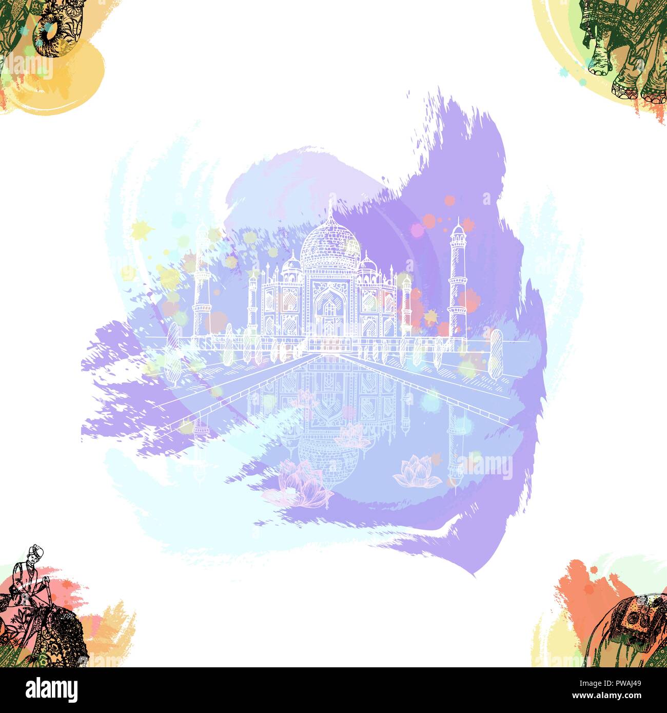 Seamless pattern of hand drawn sketch style Taj Mahal and elephant with ...