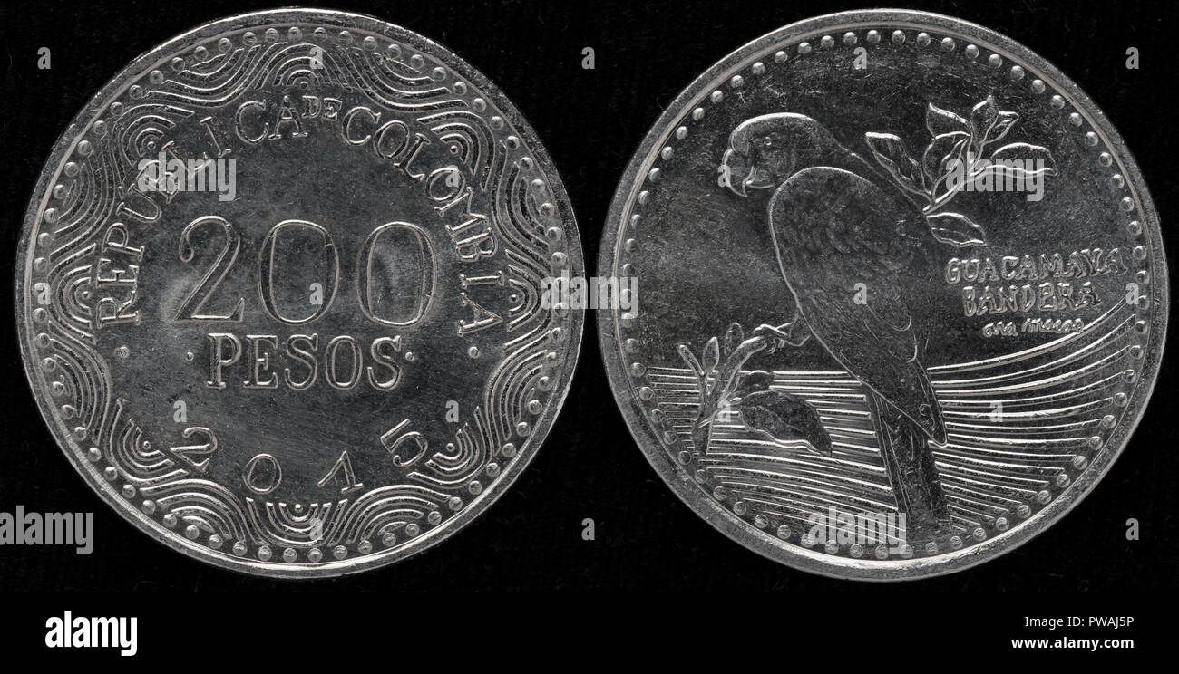 200 pesos coin, Scarlet Macaw, Ara macao, Colombia, 2015 Stock Photo ...