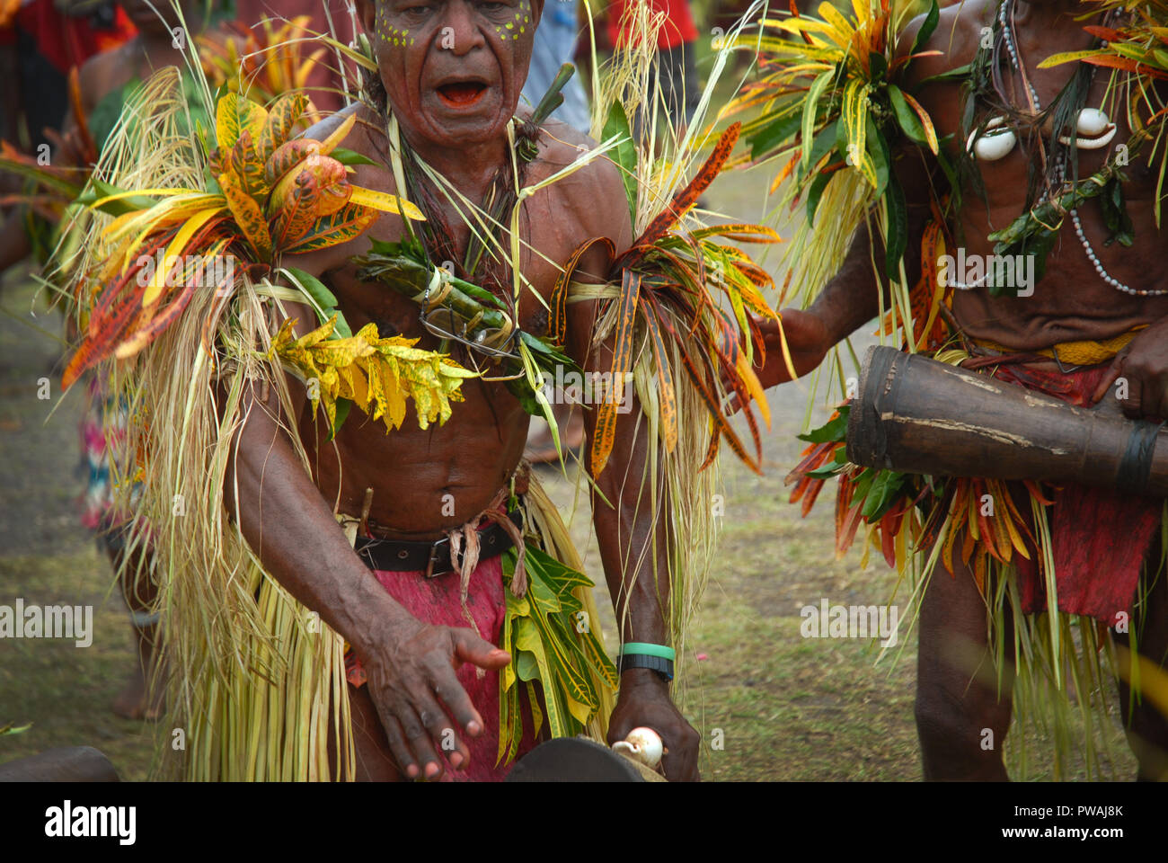 Old man with drum dancing as part of a Sing Sing in Madang, Papua New ...