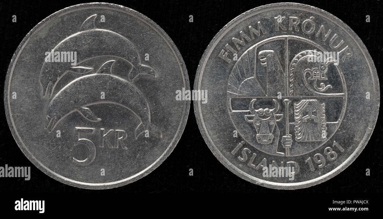 5 kronur coin, Short-beaked common dolphin, Delphinus delphis, Iceland ...