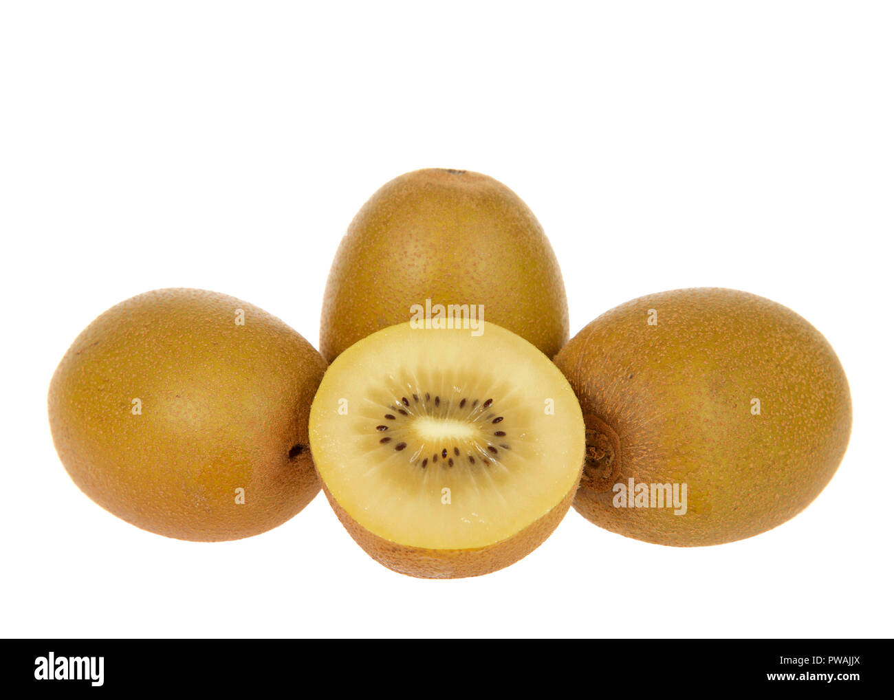 Sungold kiwi sliced in half with whole fruit behind isolated on white ...