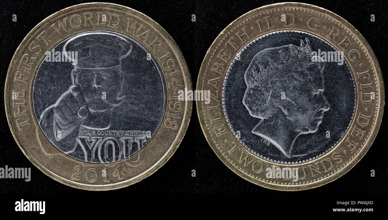 2 pounds coin, Lord Kitchener, WWI anniversary, UK, 2014 Stock Photo ...
