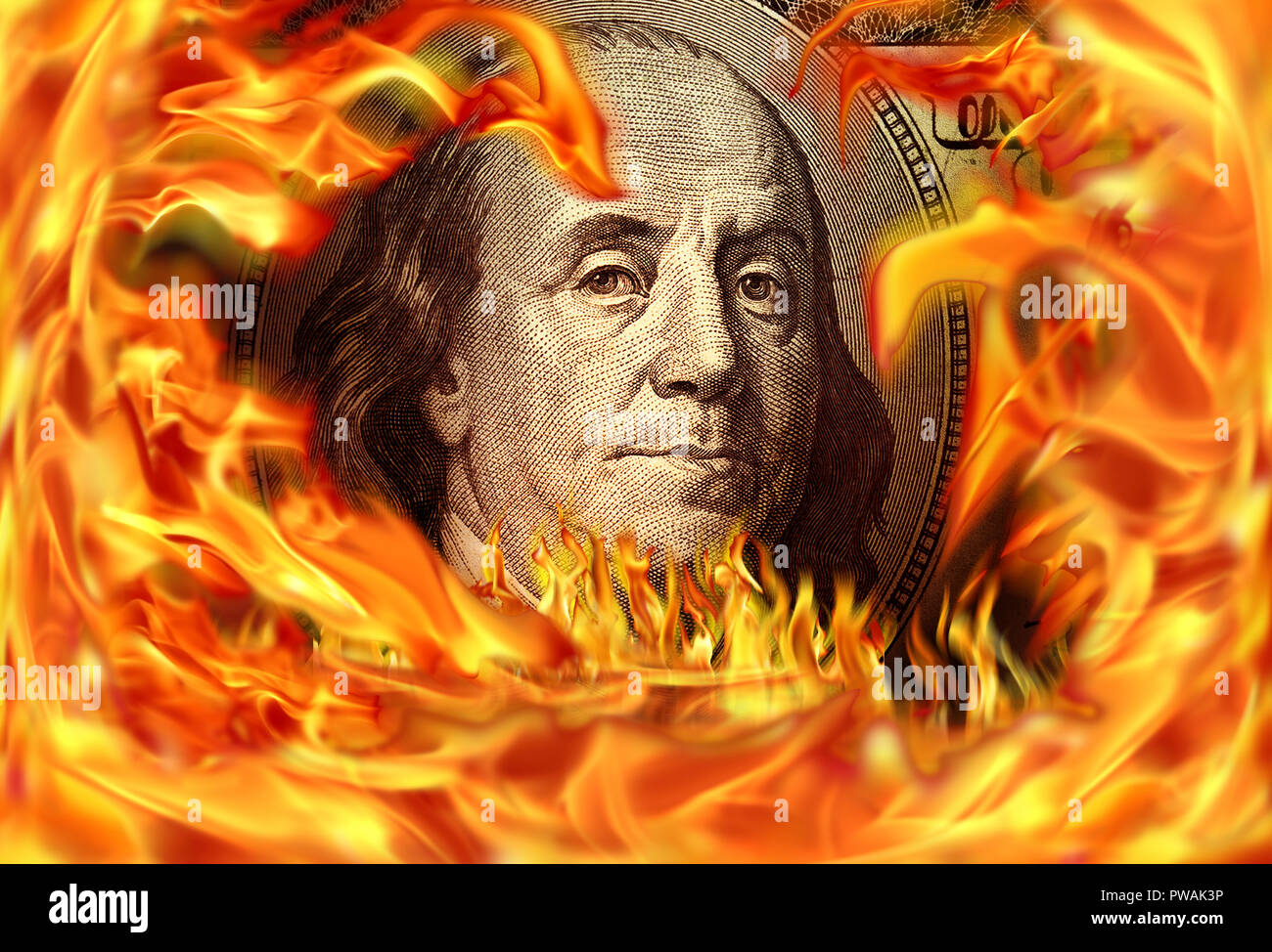 Conceptual finance image of burning dollar bill and fire flames Stock ...