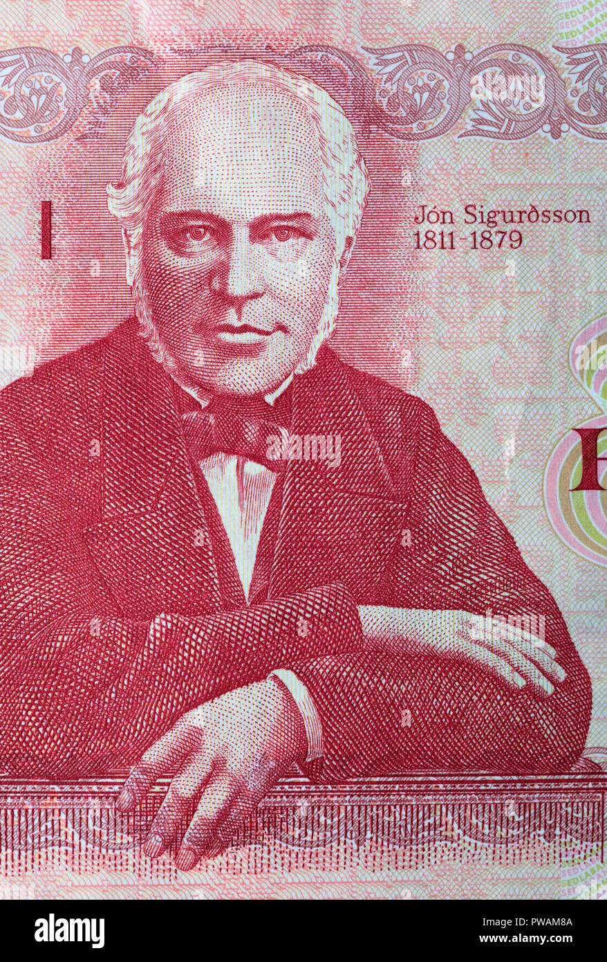 Portrait of Jon Sigurdsson from 500 kronur banknote, Iceland, 2001 ...