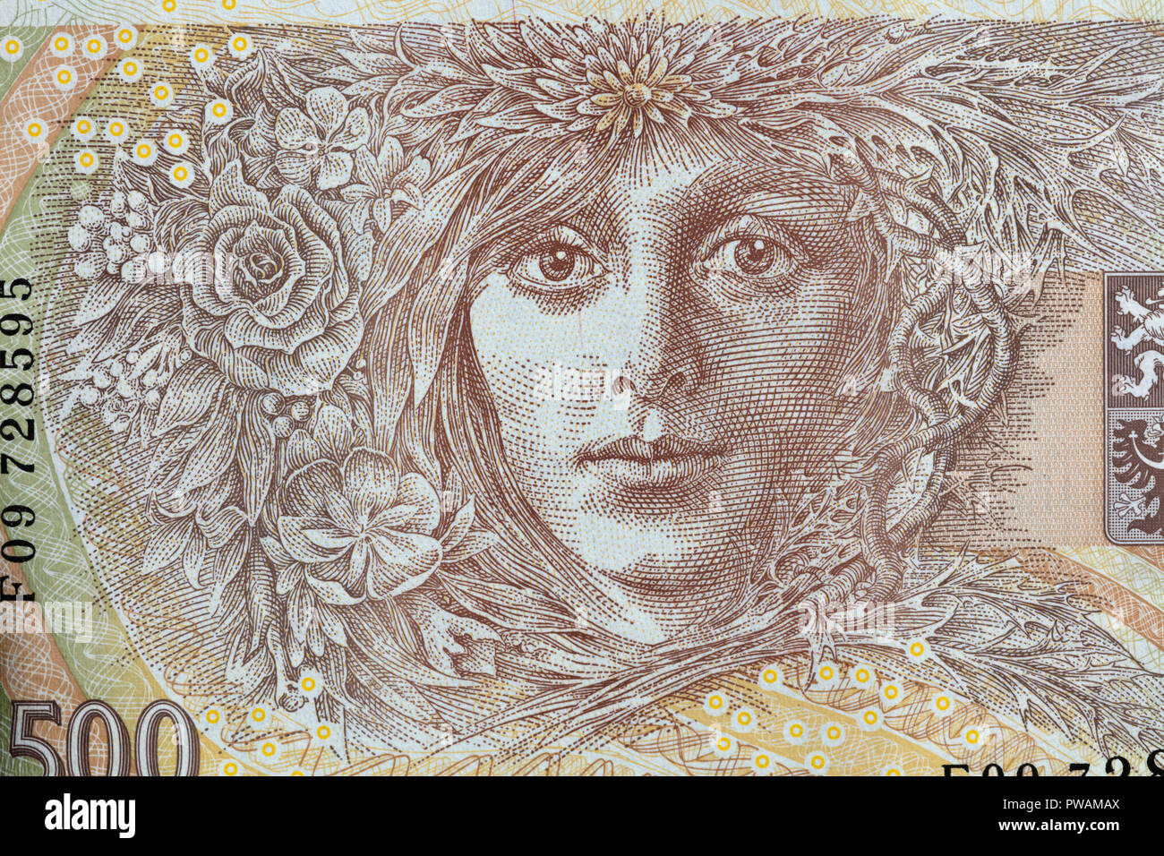 Portrait of Laureate woman from 500 Czech korun banknote, Czech ...
