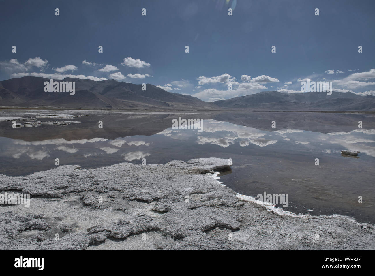 Reflections and salt deposits, Tso Kar Lake, Ladakh, India Stock Photo ...