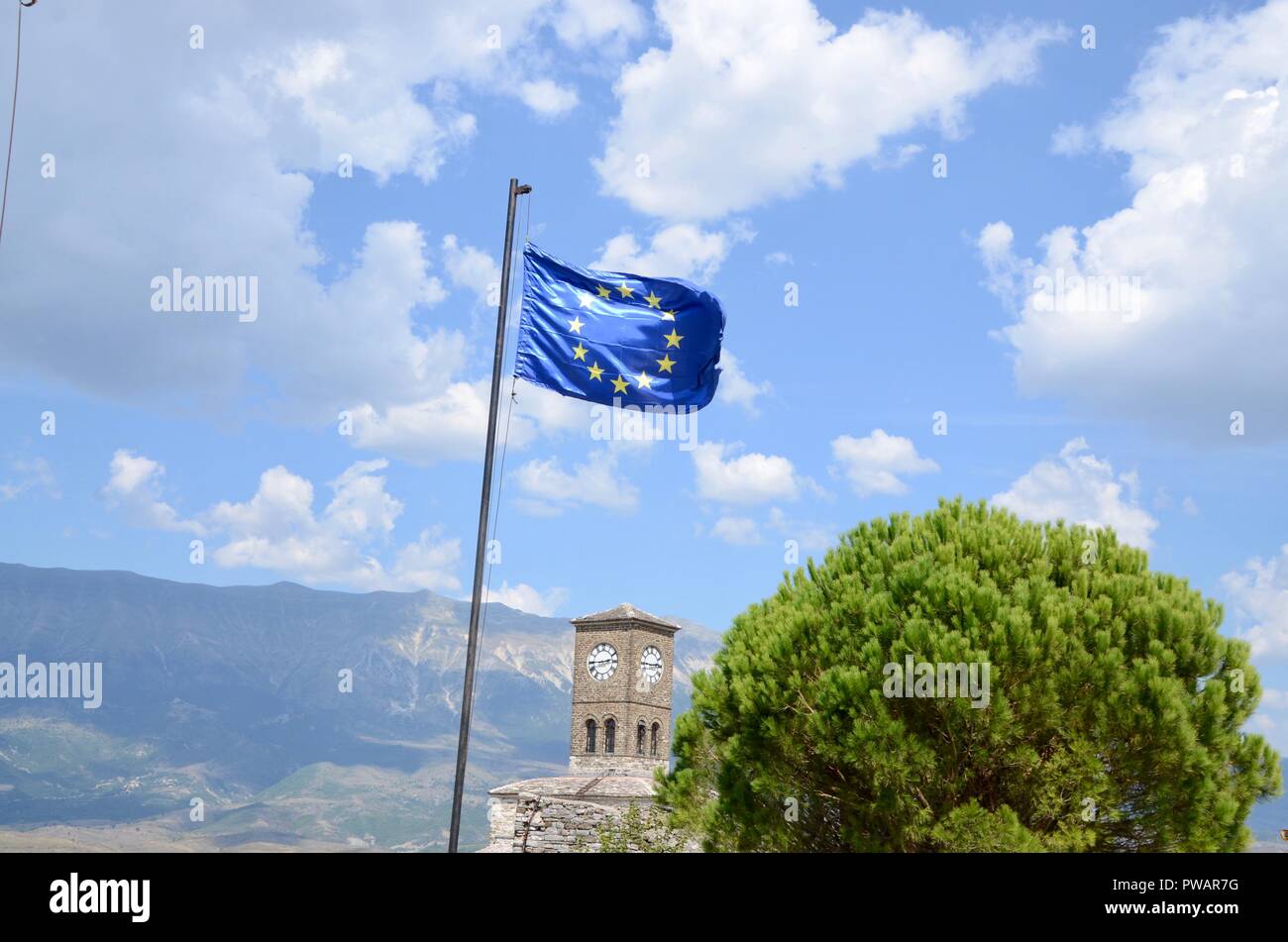 EU european union flag flying over gjirokaster castle albania Stock ...