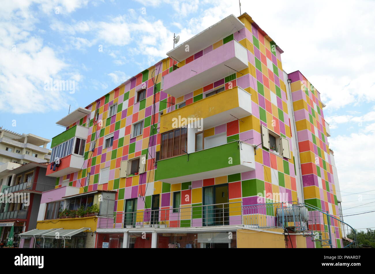 multi coloured brightly painted apartment block in divjake town albania ...