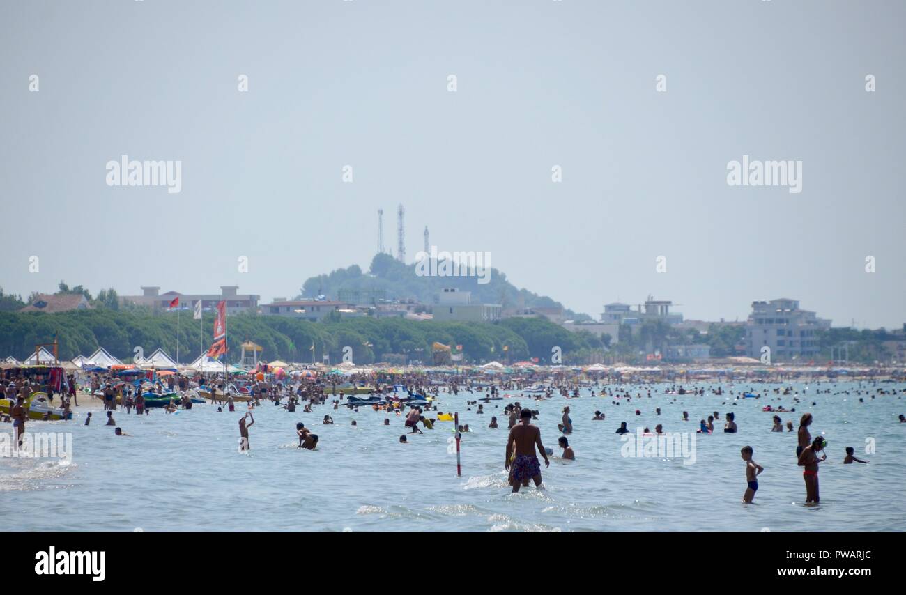 the busy summer beach at durres albania Stock Photo - Alamy