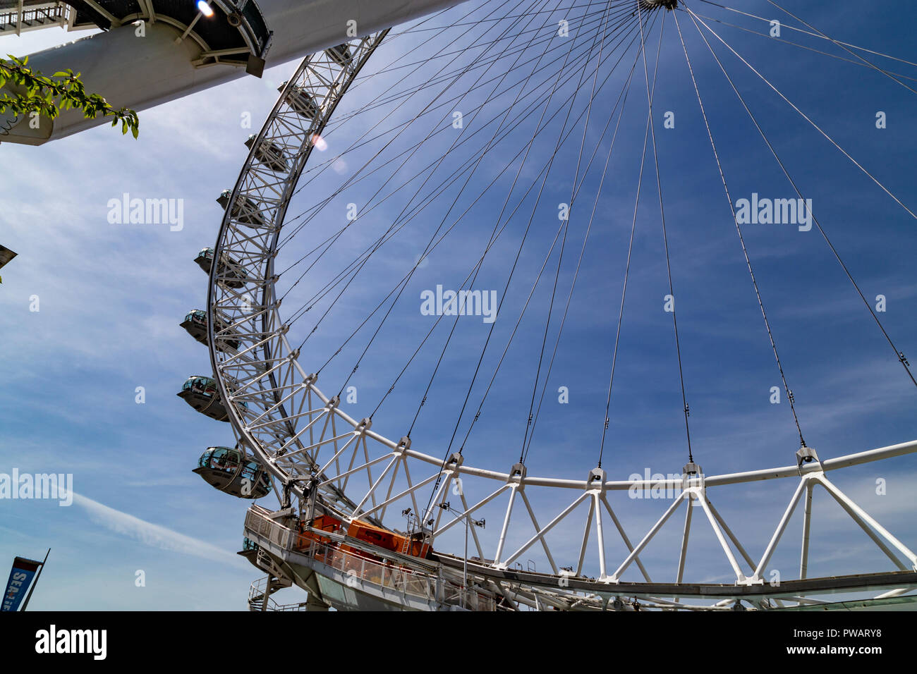 London Eye or Millennium Wheel from below on South Bank of River Thames ...