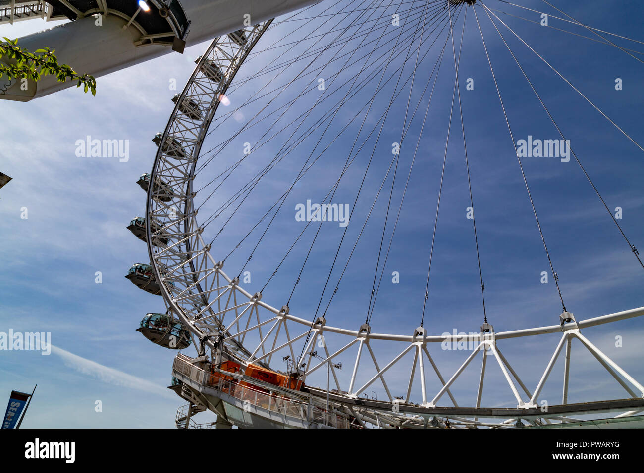 London Eye or Millennium Wheel from below on South Bank of River Thames ...