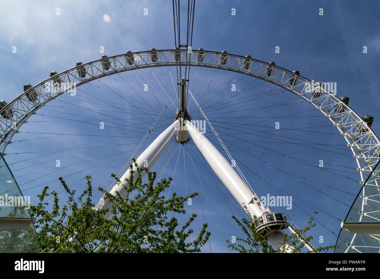 London Eye or Millennium Wheel from below on South Bank of River Thames ...