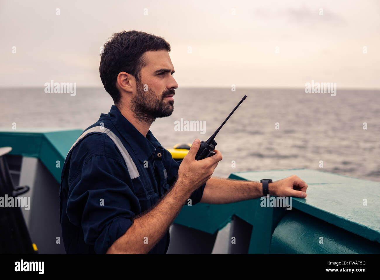 Marine Deck Officer or Chief mate on deck of vessel or ship Stock Photo ...