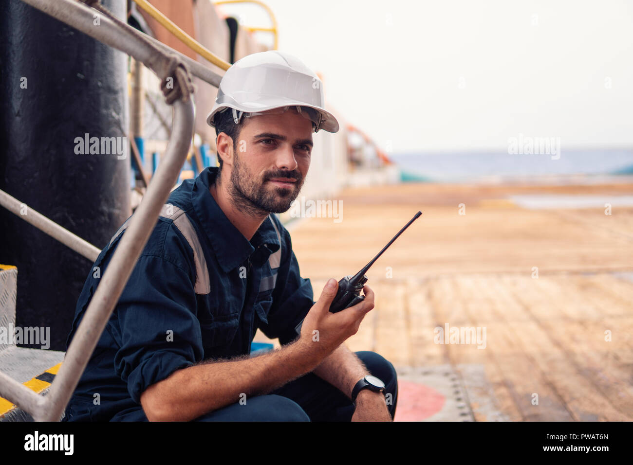 Marine Deck Officer or Chief mate on deck of vessel or ship Stock Photo ...
