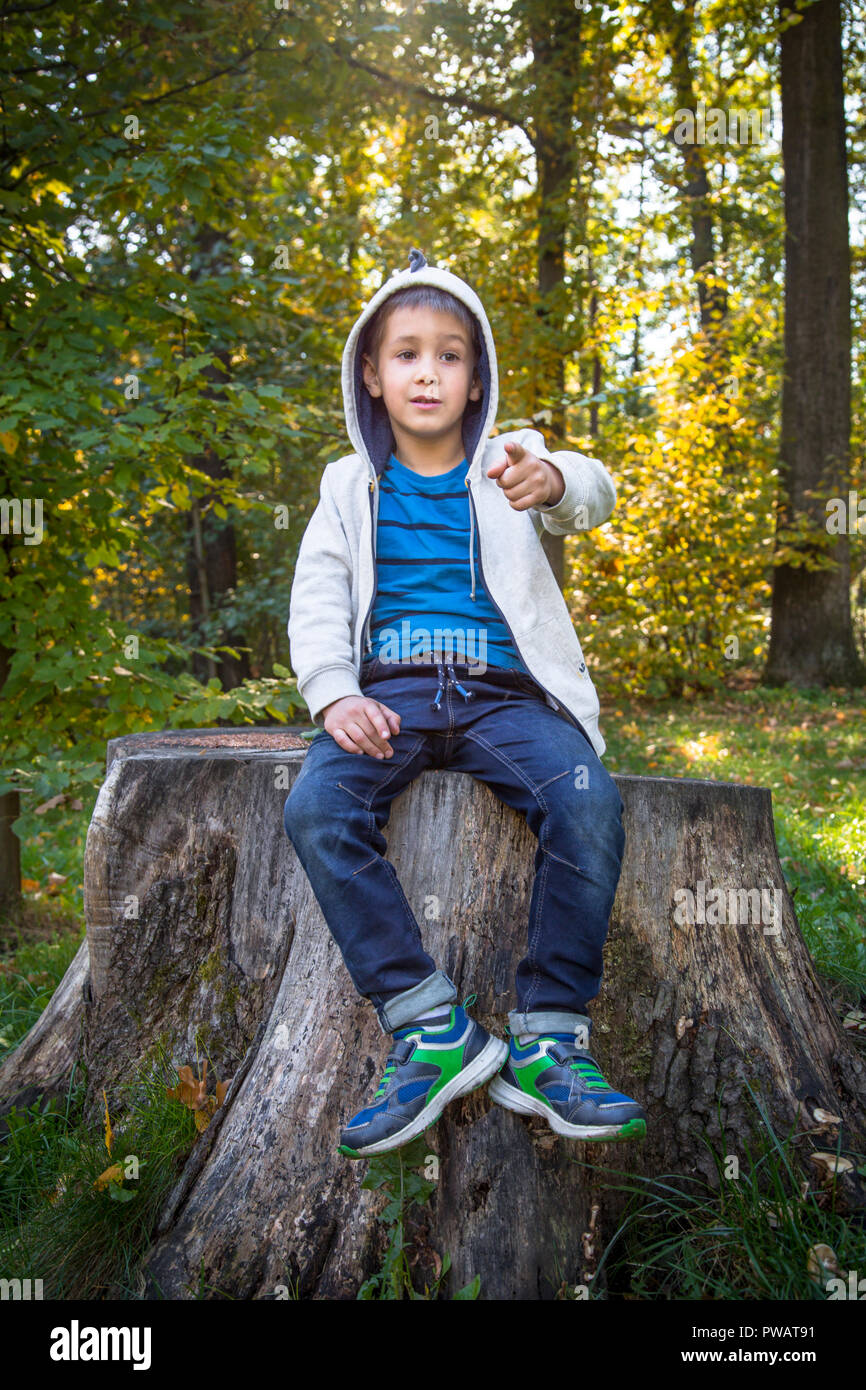 Boy in the park sitting on the tree stump Stock Photo - Alamy