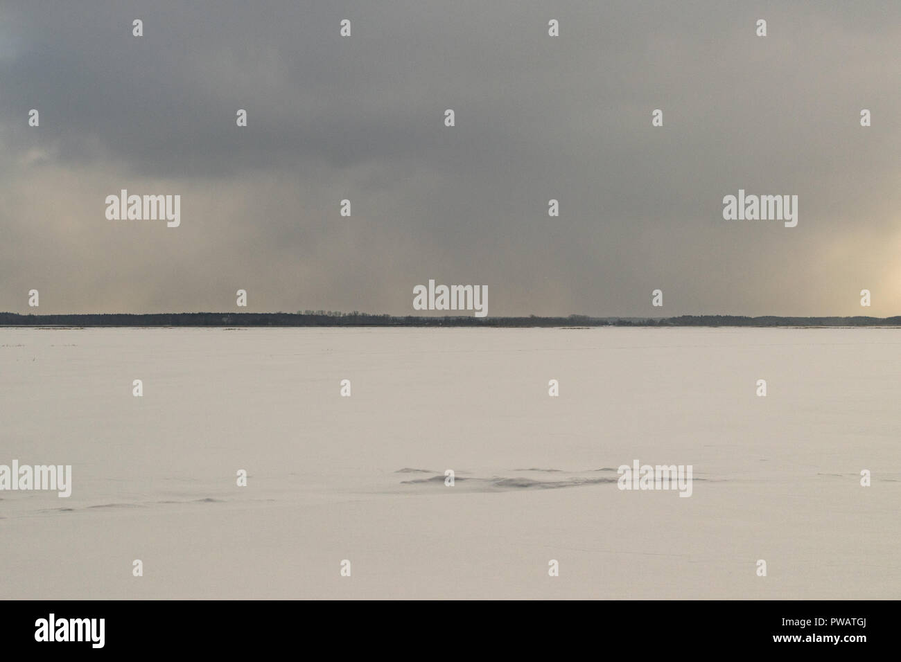 snow field. plain covered with white snow under blue sky with thick ...