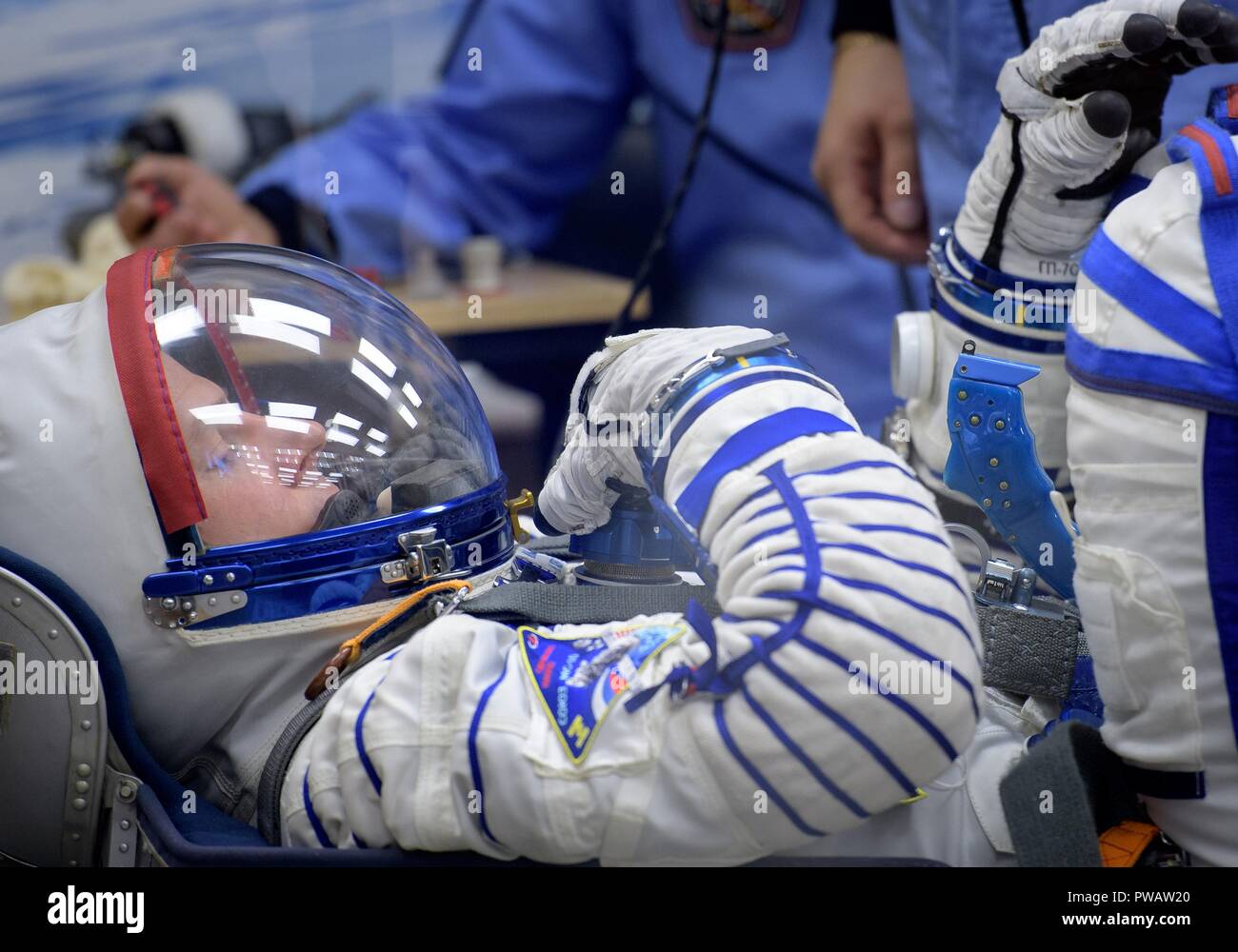 Expedition 57 Flight Engineer Nick Hague of NASA has his Sokol suit ...